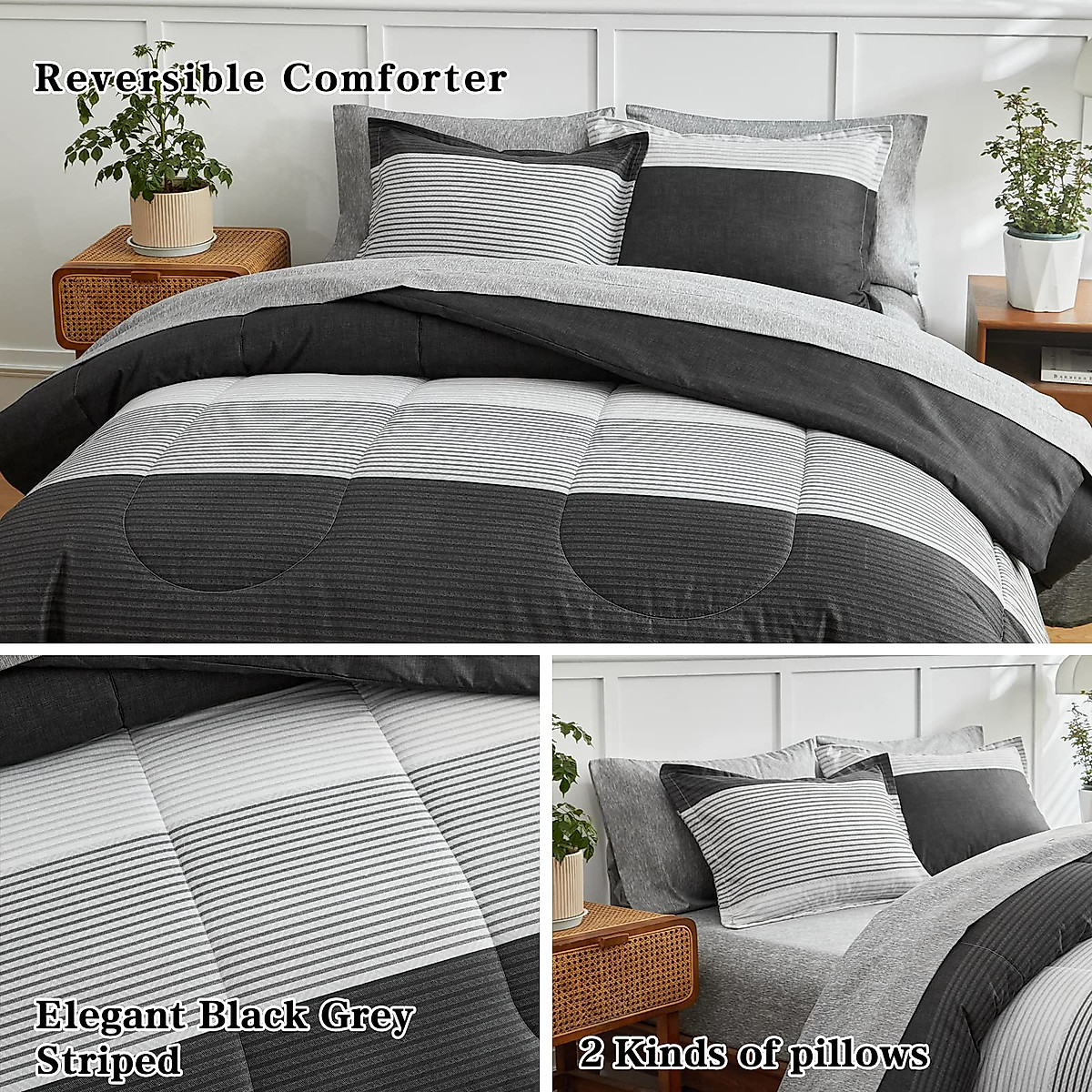 Flysheep Ombre Striped Bed in a Bag 7 Pieces King Size, Grey and White Stripes Comforter Sheet Set (1 Comforter, 1 Flat Sheet, 1 Fitted Sheet, 2 Pillow Shams, 2 Pillowcases)