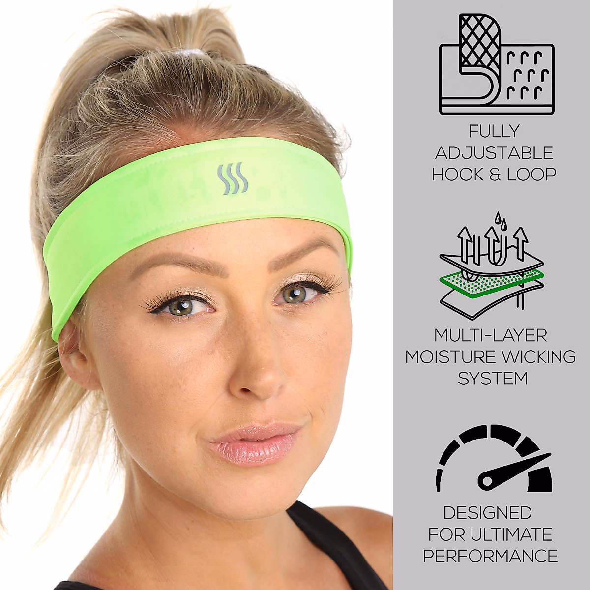 SAAKA Fully Adjustable Headband for Men and Women. Lightweight, Moisture Wicking Sweatband for Running, Sports, Workout, Cross Training, Yoga & Exercise. (Neon Green, Small)