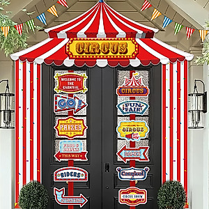 Tlswshsy 17PCS Circus Tent Decorations Set, Carnival Circus Door Banner with Awning and Directional Signs, Red and White Carnival Welcome Supplies for Circus Theme Party Birthday Home Decor
