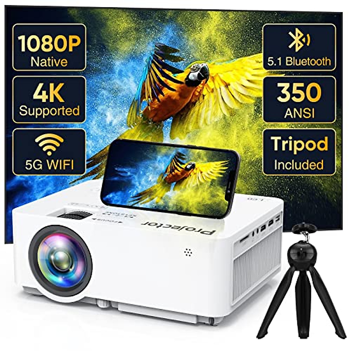 Native 1080P 5G WiFi Bluetooth Projector (with Tripod), 350 ANSI 4K Supported Home Projector, Portable Outdoor Projector with Max 300" Display, Movie Projector Compatible with TV Stick, HDMI, Phone