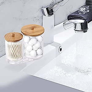 JIEQIJIAJU Cotton Swab Pads Holder, Acrylic Qtip Dispenser 2 Compartment Canisters with Bamboo Lids Cotton Round Holder Cotton Ball Buds Container Clear Apothecary Jars for Bathroom Storage Canister