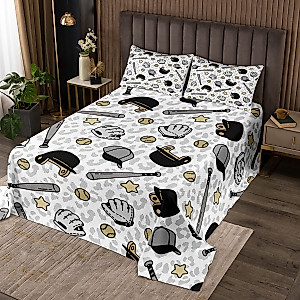 Homewish Leopard Print Bedspread Boys Kids Baseball Bedding Set King Size Cartoon Baseball Hat Bat Comforter Set Men Teens Ball Sports Gaming Quilt Set Modern Black Grey Gold 3pcs,2 Pillowcases