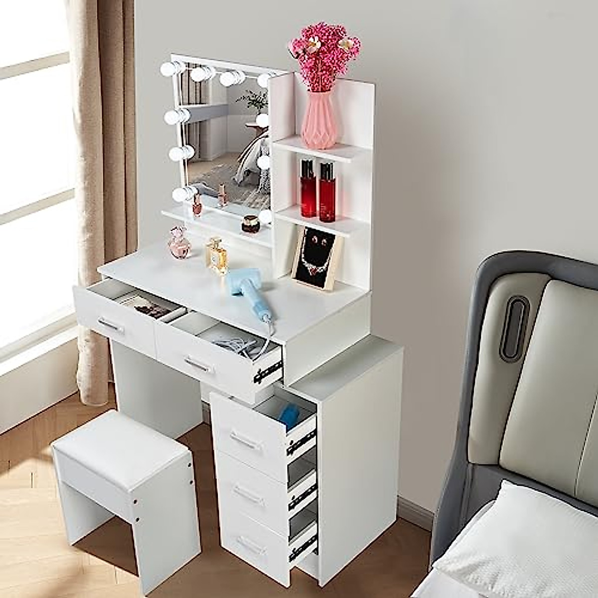Buildonely Hollywood Girls Vanity Set with 5 Storage Drawers, Makeup Table Set with Wide Desktop and Cushioned Stool, Dressing Desk White Vanity Mirror with Lights for Bedroom