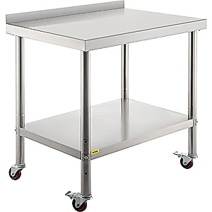 VEVOR Stainless Steel Prep Table, 24 x 15 x 35 Inch, 440lbs Load Capacity Heavy Duty Metal Worktable with Backsplash Adjustable Undershelf & 4 Casters, Commercial Workstation for Kitchen Restaurant