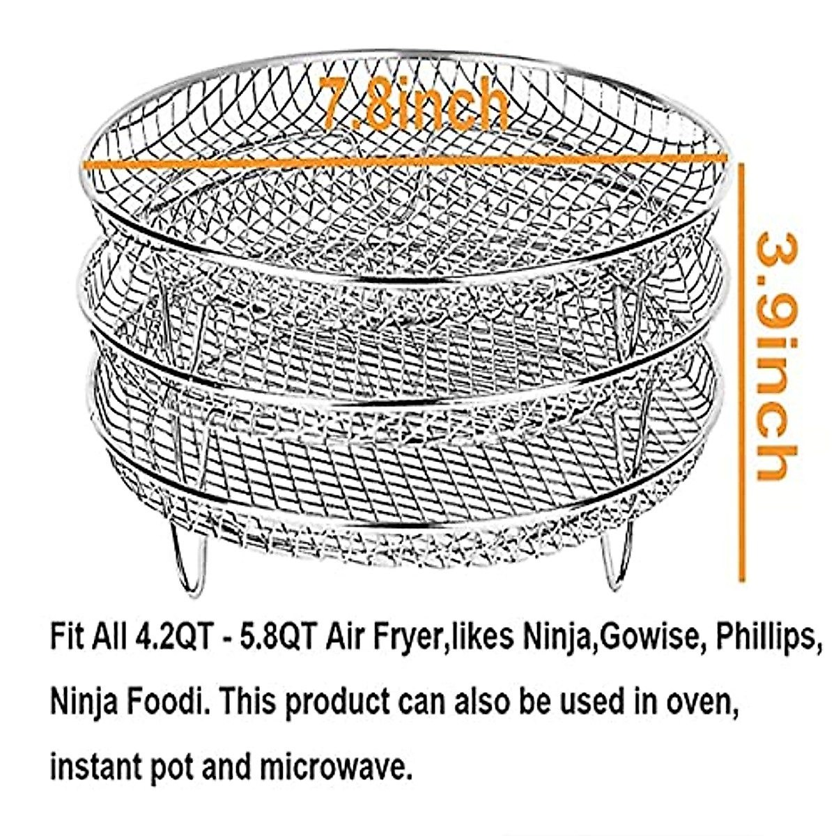 3 Layer Air Fryer Three Stackable Dehydrator Racks 304 Stainless Steel Air Fryer Basket Tray Air Fryer Accessories Dishwasher Safe Fit for Oven and Press Cooker Compatible with Most Air Fryer (Round)