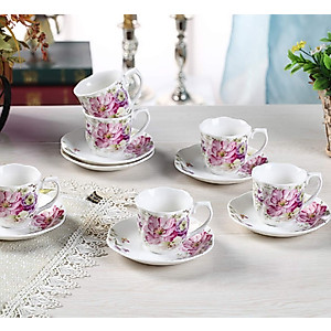 GuangYang 12 Pieces (Tiny Style) Espresso Cups and Saucers，2.5 ounce/80ml，Set of 6,Mini Premium Porcelain Coffee Cup Set, Fancy Flower Pattern Design