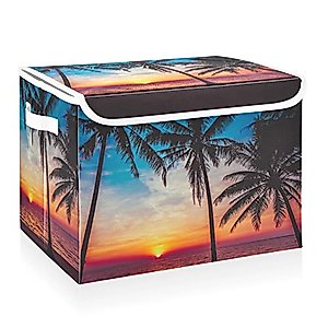 CaTaKu Sea Sunset Tropical Storage Bins with Lids and Handles, Fabric Large Storage Container Cube Basket with Lid Decorative Storage Boxes for Organizing Clothes