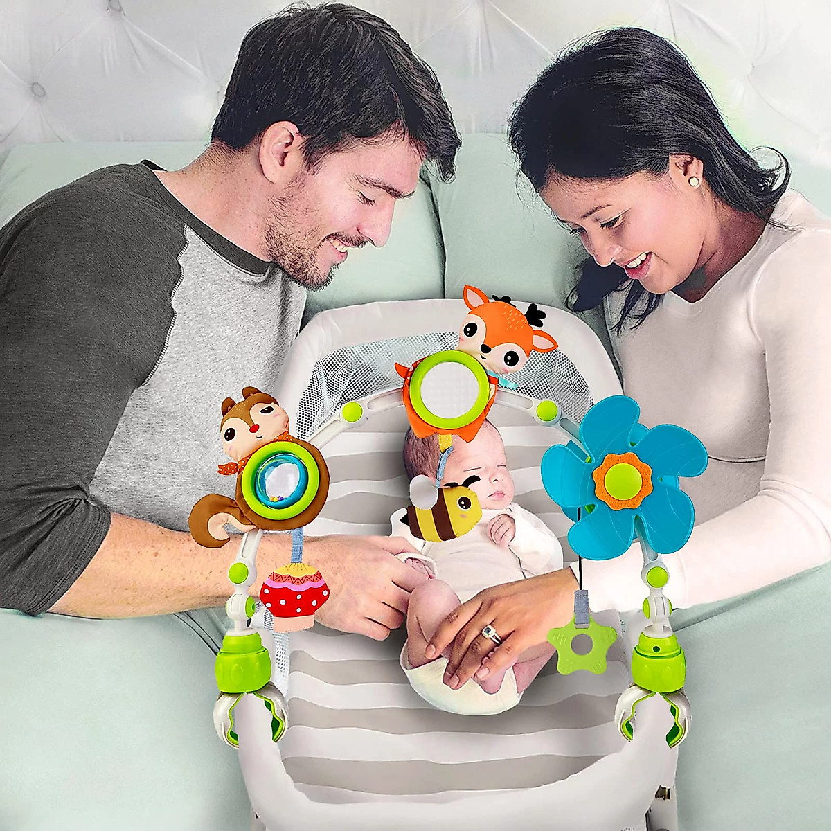 Baby Stroller Arch Mobile, Adjustable Musical Cirb Mobile Toys with Universal Clamps, Versatile Activity Toy Bar for Baby Bouncer Infant Car Seat Toys Stroller Toys Mobile for Bassinet Crib - Orange