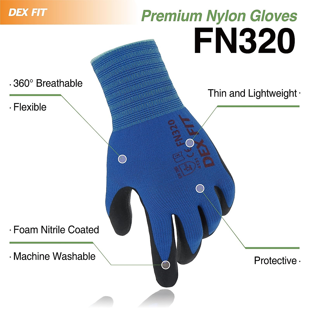 DEX FIT Premium Nylon Work Gloves FN320 - Firm Nitrile Grip, 3D-Comfort Stretchy Fit, Thin & Lightweight, Protective & Durable, Breathable, Machine Washable; Blue 9 (L) 3 Pairs