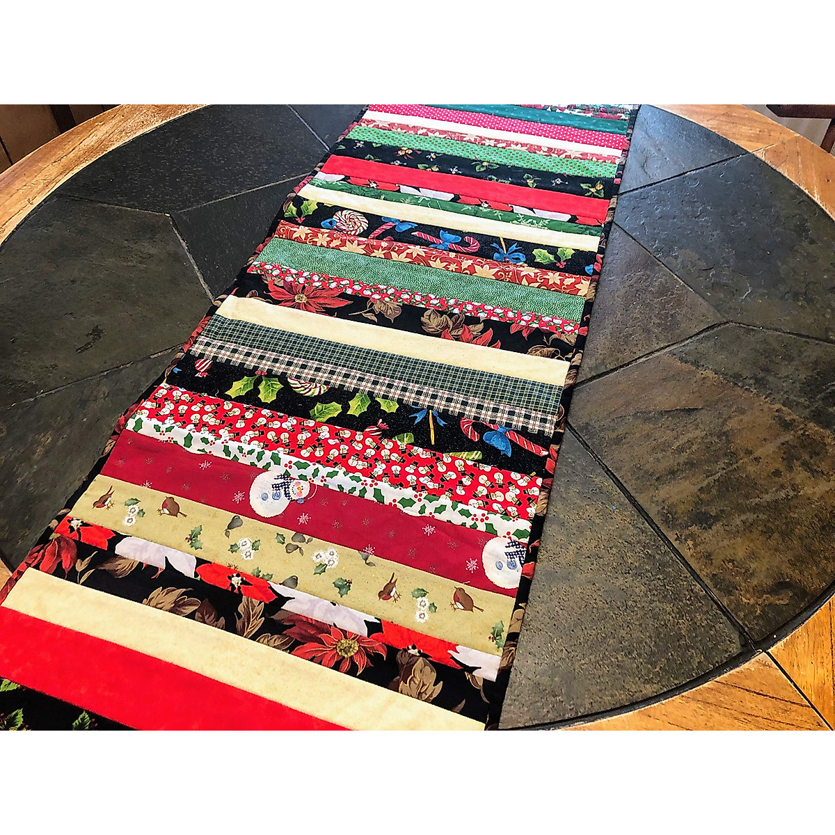 Quilted Holiday Table Runner, Jelly Roll Stripes, Rectangular, Reversible, Poinsettia Fabric, Christmas Decor, 100% Cotton