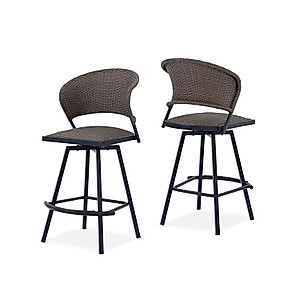 VICLLAX Patio Bar Stool Chairs with Footrests and Padded Seat, Bar Height Swivel Patio Chairs Set of 2, Brown Woven Wicker Swivel Bar Stools for Lawn Garden