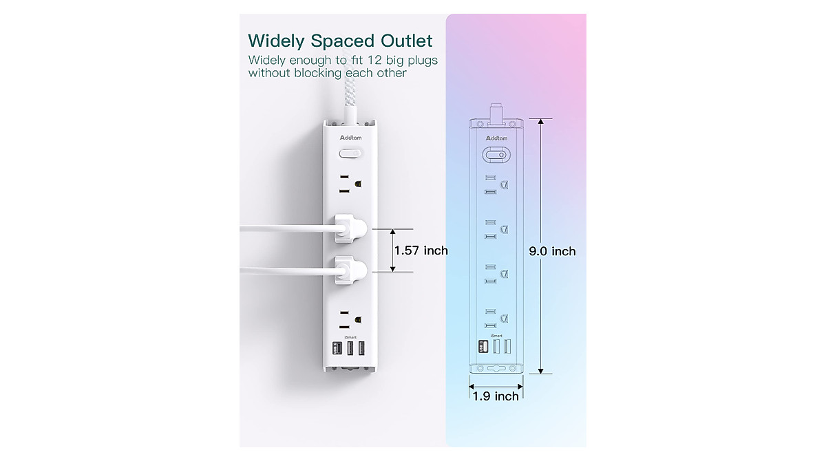 Addtam Surge Protector Power Strip - 12 Outlets & USB, 10ft Cord