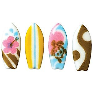 Surf Cake Topper with Sugar Surfboards, Sugar Hibiscus Flowers, Palm Trees and Surf Sign