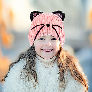 Girls Sequin Cat Ears Hats Cute Winter Beanies Hat for Outdoor Snow Ski Warm Knit Caps (Age 7-15)