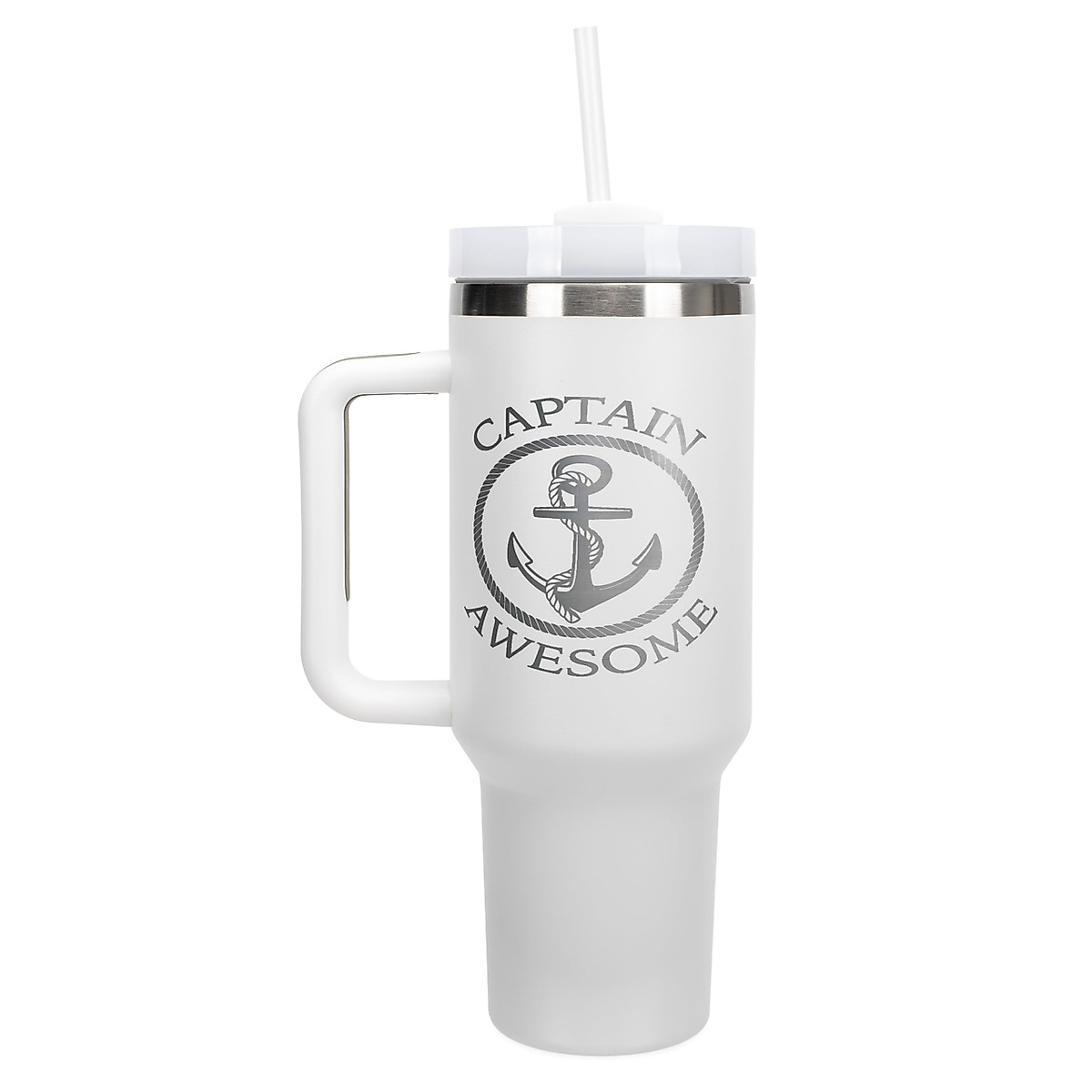 Elanze Designs Captain Awesome Nautical Anchor 40 oz. Stainless Steel, Large Water Bottle Coffee Mug, Spill & Leak Resistant, Thermal Travel Tumbler with Handle, Lid & Straw, White