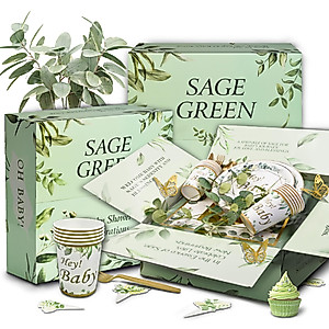 Sage Green Baby Shower Decorations,All In One Set,Neutral Baby Shower Supplies Kit, With 4 Balloon Blocks,12 Tableware Sets, Disposable Plates, "OH BABY" Balloons,Sage Baby Shower Tablecloth, Toppers