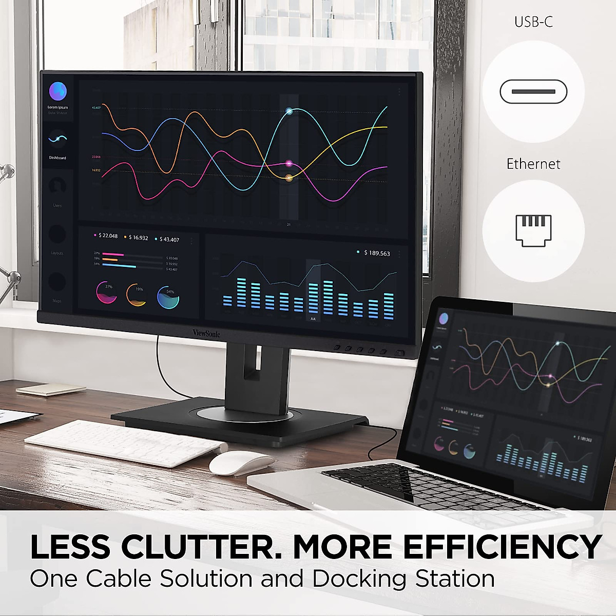 ViewSonic VG2756-4K 27 Inch IPS 4K Docking Monitor with 90W USB C, RJ45, HDMI, Display Port (Renewed)