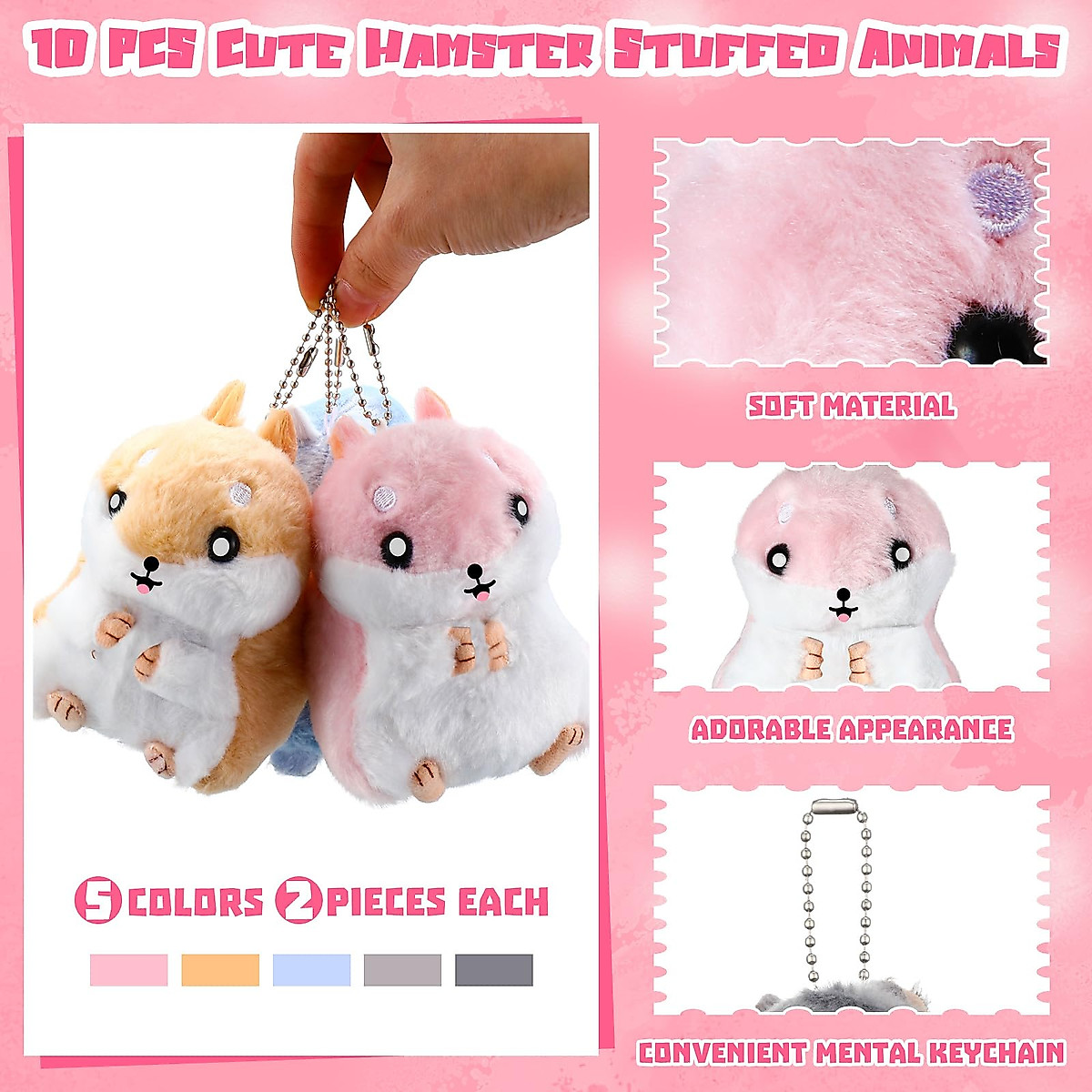 Chivao 10 Pcs Hamster Plush Stuffed Animal, Hamsters Plush Toys Hamster Toy Gift Keychain for Kids Birthday Party(Cute Colors)