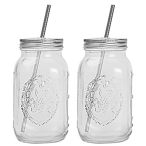 Smoothie Cups, Glass Mason Drinking Jar, 24oz Smoothie Cups with Lid and Stainless Steel Straw, Regular Mouth Mason Jars, Drinking Mugs, Tea Cup Travel Mug, Ideal for Juice, Milk (Pack Of 2, Clear)