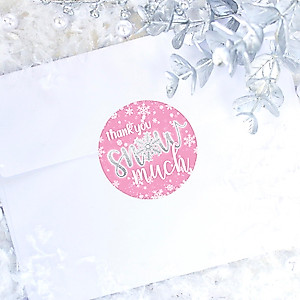 Pink Winter Onederland 1st Birthday Party Thank You Stickers, Pink Snowflake Thank You Snow Much - 40 Count