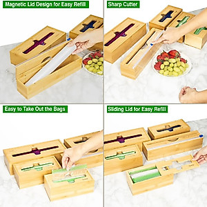 Bamboo Food Bag Storage Organizer for Kitchen Drawer, Plastic Bag Organizer with Individual Boxes and Plastic Wrap Cutter - for Sandwich, Slider, Quart, Slider Quart, Gallon, Plastic Wrap, Foil