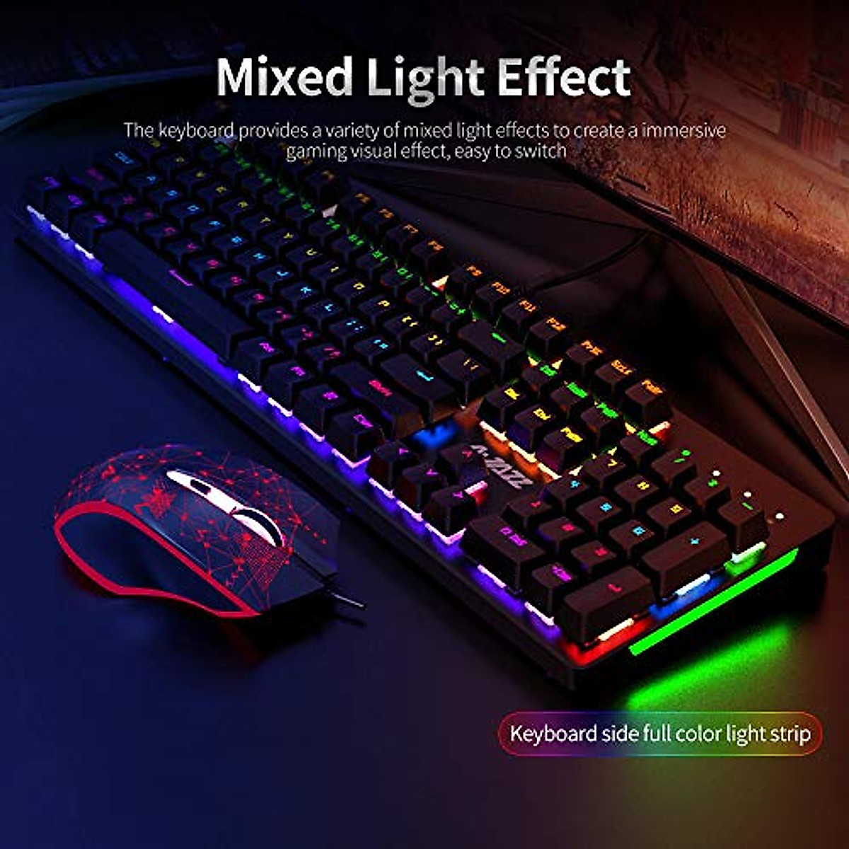 summina Mechanical Keyboard Combo USB Wired Gaming Keyboard Set 104 Keys Mixed Light Keyboard with Blue Switch