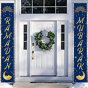 Ramadan Mubarak Porch Sign Banner Decoration, Eid Mubarak Banner Indoor Outdoor Front Door Hanging Sign for Ramadan Mubarak Party Decoration Suppliesl (Blue)
