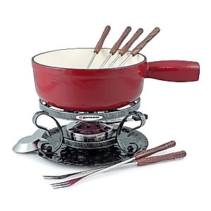 Swissmar KF-66517 Lugano 2-Quart Cast Iron Cheese Fondue Set, 9-Piece, Cherry Red