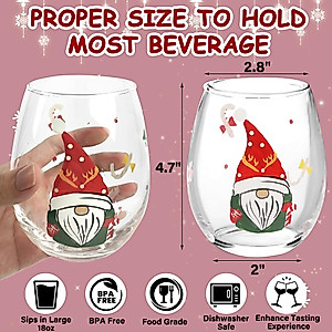 DR.DUDU Christmas Wine Glasses Cups Set of 4, Stemless Drinking Glass with Cute Christmas Gnome Designs, Clear Wine Milk Drinkware Party Gifts for Women, Men, Friends, Holiday Xmas Decorations (18oz)