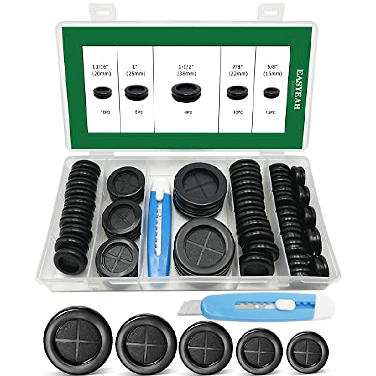 45 PCS Rubber Grommet Assortment Kit 1-1/2" 1" 7/8" 13/16" 5/8" Drill Hole, Double Sided Round Firewall Hole Plugs for Wiring, Automotive, Boat, Home Improvement Cord Pipe Wire Organization, Black