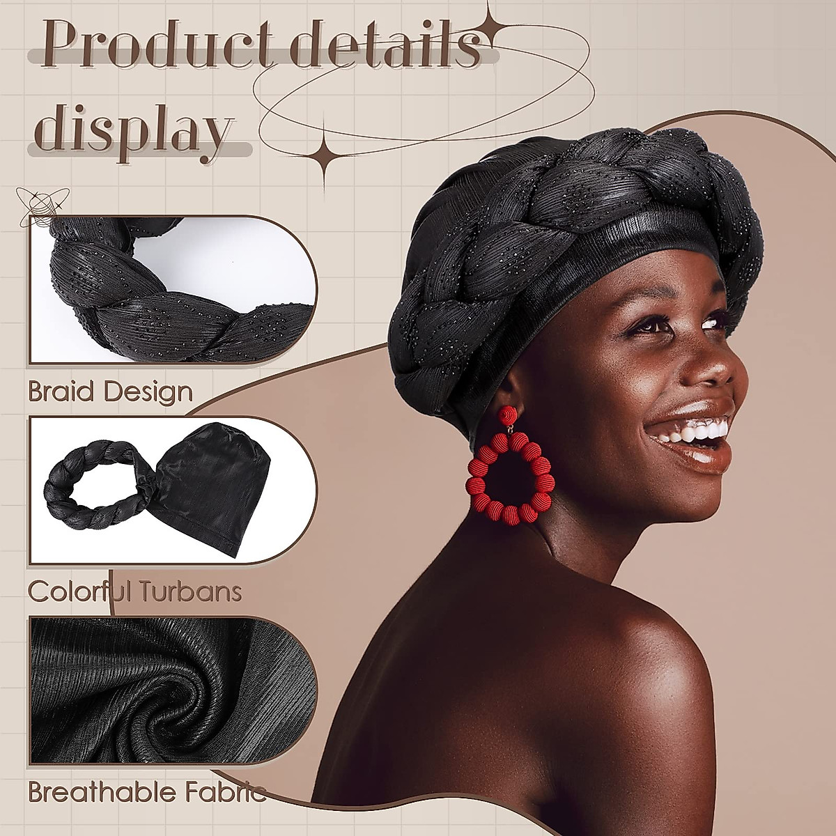 4 Pcs African Turban Head Wrap for Women and Girls Braid Crystals Head Turbans Soft Twisted Wrap Caps for Women, Medium (Red, Black, Gold, Silver)