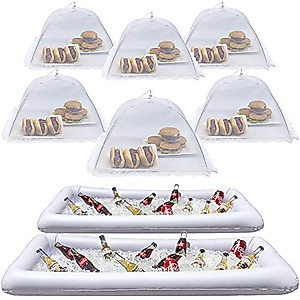 Sorbus Inflatable Serving Bar & food umbrella mesh cover Screen Tent set for Food and Beverages, Perfect for BBQ, Picnic Pool Outdoor Party Supplies, Buffet Luau Cooler (2 Salad Bars 6 Food Umbrellas)