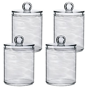 xigua 2 Pack White Ripple Apothecary Jars with Lid, Qtip Holder Storage Jars for Cotton Ball, Cotton Swab, Cotton Round Pads, Clear Plastic Canisters for Bathroom Vanity Organization (10 Oz)