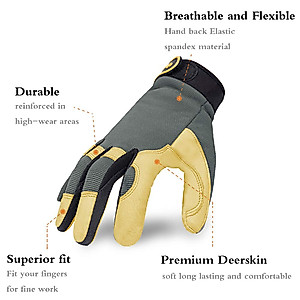 Intra-FIT General Work Gloves, Deerskin Construction Gloves,Soft, Improved Dexterity