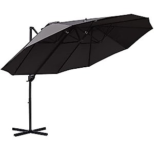 Outsunny 14ft Patio Umbrella Double-Sided Outdoor Market Extra Large Umbrella with Crank, Cross Base for Deck, Lawn, Backyard and Pool, Grey