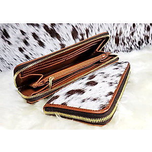 Womens Zipper Wristlet Cowhide Clutch Real Leather Wallet Purse, Handbag Organizer for women Size 8 x 4 Inches by NGF (CL-02 Brown & White (Zipper))