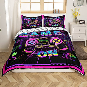 Gaming Bedding Set Gamer Neon Purple Pink Comforter Cover for Kids Boys Girls Hippie Graffiti Game Room Decor Duvet Cover Breathable Modern Gamepad Bedspread Cover Room Decor Bedclothes Full Size