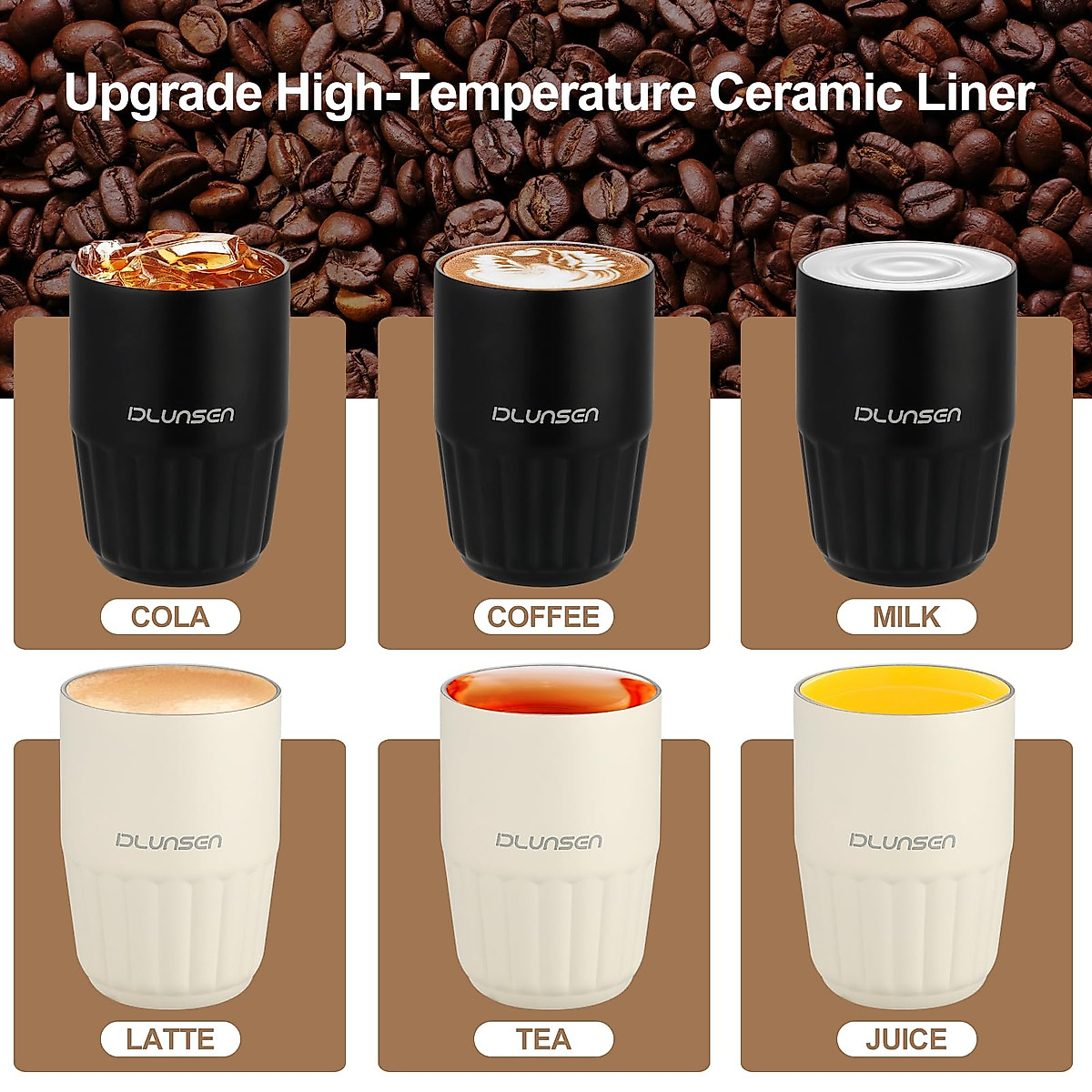 Dlunsen Travel Cup Insulated Coffee Thermal Cup, 14oz Upgraded Double Walled Water Glasses, Vacuum Insulation Stainless Steel with Leak-Proof Lid Tumbler Mug, Reusable Cup for Coffee, White