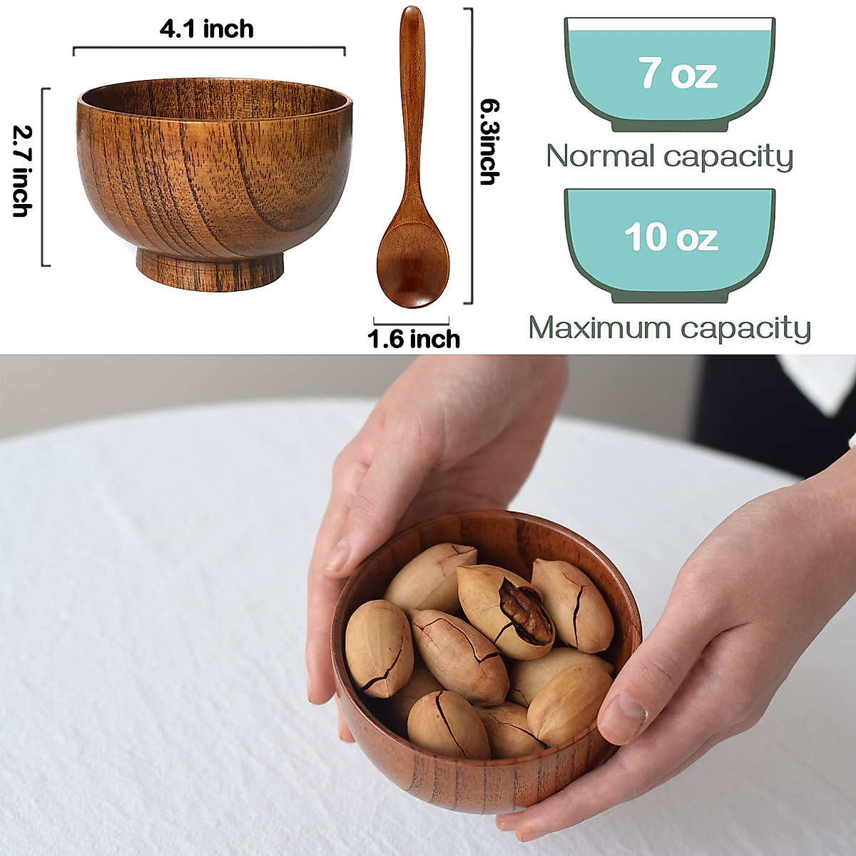 Kanhaom Small Wooden Bowls and Spoons, 10oz. Portion Control Bowls for Snack, Dessert, Japanese Serving Bowls for Rice, Soup, Solid Wood Bowls for Decor (4 Bowls with 4 Spoons - 4.1IN)