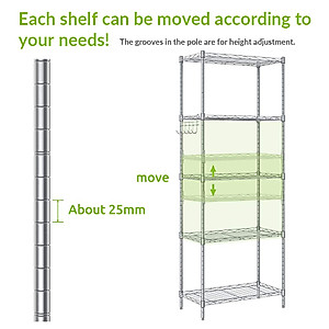 Cozzine 5 Tier Storage Shelves, Adjustable Storage Shelves 21"x 11"x 59" Heavy Duty Steel Tube Wire Shelving Unit (Silver)