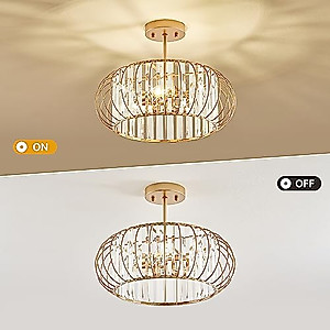 VIOLOEMI Modern Gold Close to Ceiling Light Fixtures, Crystal Semi Flush Mount Ceiling Light, Metal 3-Light Ceiling Lamp for Hallway Bedroom Living Room Dining Room(Bulb Not Include)