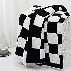 Carriediosa Black Checkered Blanket, Soft Fluffy Plaid Throw Blanket for Sofa Bed Chair, Knitted Farmhouse Luxurious Microfiber Feather Yarn Warm Blankets (Black Check 50" x 60")