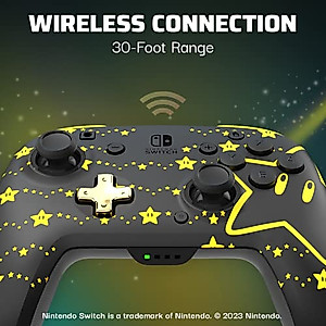 PDP REMATCH Enhanced Wireless Nintendo Switch Pro Controller - Rechargeable Battery Powered, Mario Super Star Glow in the Dark