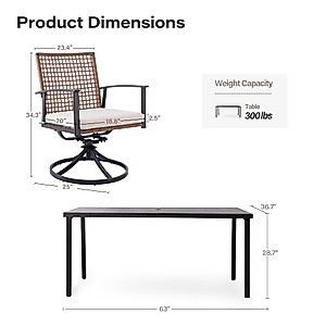 LAUSAINT HOME 7 Pieces Patio Dining Set, Outdoor Furniture Set of 6 Swivel Chairs with Soft Cushion and Iron Slats Table Top with Umbrella Hole, Conversation Set for Backyard