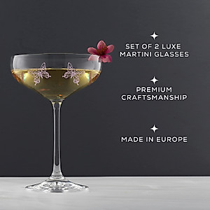 JoyJolt Meadow Butterfly Martini Glasses – 14oz Premium Crystal Martini Glasses Set of 2 – Exquisite Pink Butterfly Printing – Tall Manhattan Glasses for Cocktails, Martini, Drinks – Made in Europe