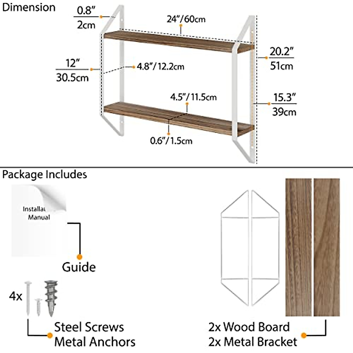 Wallniture Ponza 2-Tier 24" Floating Shelf for Wall Storage Bathroom Shelves Over Toilet, Kitchen Organization, Kids Room Bookshelves, Living Room Decor Burnt Finish