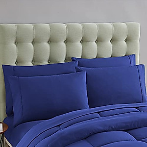 Sweet Home Collection 7 Piece Comforter Set Bag Solid Color All Season Soft Down Alternative Blanket & Luxurious Microfiber Bed Sheets, Royal Blue, Twin XL