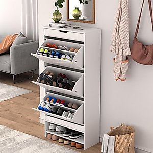 LSKTGA Tipping Bucket Shoe Storage Cabinet, 3-Tier Freestanding Tipping Bucket Shoe Cabinet Shoe Rack with Drawer and Adjustable Shelf, Modern Narrow Storage Organizer for Entryway