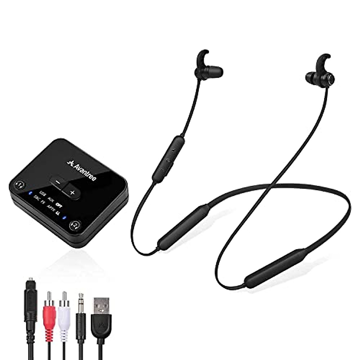 Avantree HT4186 & HS910, Bundle - Wireless Earbuds for TV Watching with Bluetooth Transmitter, No Audio Delay, Plug n Play & Neckband Headphone Holder Stand on Desk
