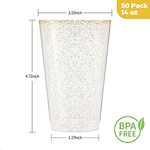 Goodluck 14 oz 50 PCS Gold Glitter Plastic Cups, Disposable Glitter Cups, Elegant Plastic Cocktail Glasses, Fancy Party Cups for Wedding, Birthday, Holiday